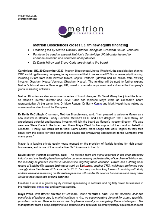 Metrion Biosciences Closes £3.7m New Equity Financing • Metrion Biosciences